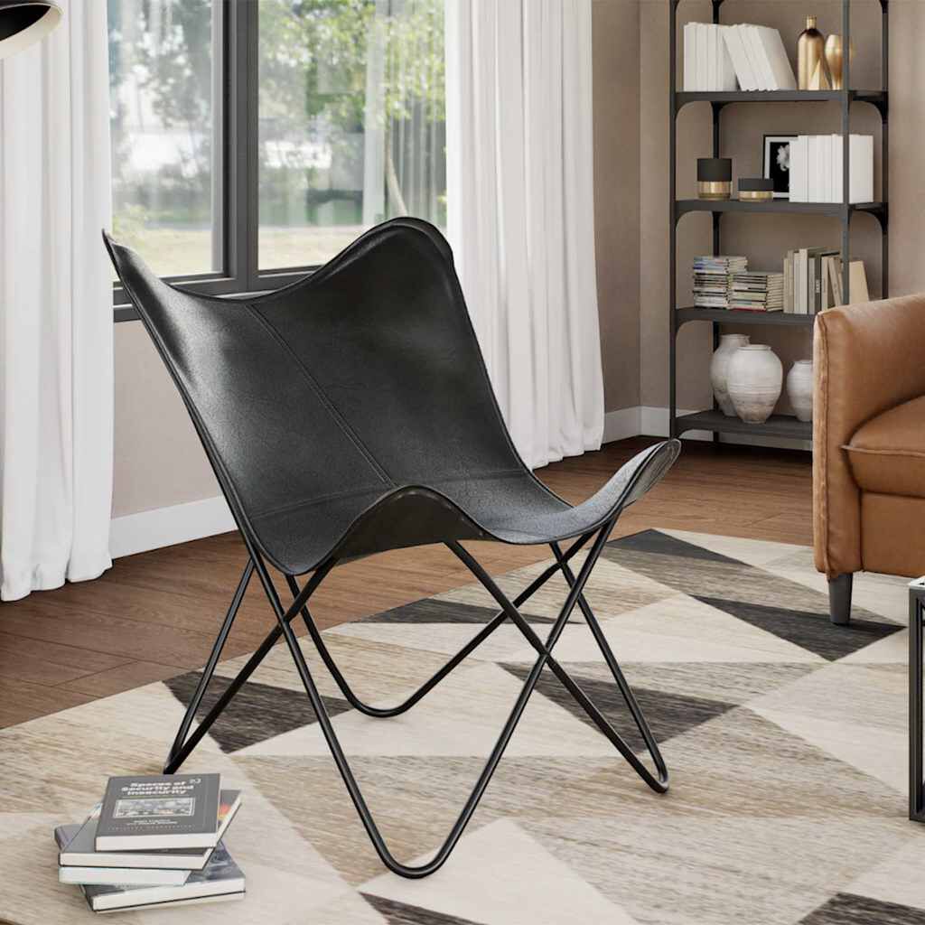 vidaXL Butterfly Chair Black Real Leather vidaXL