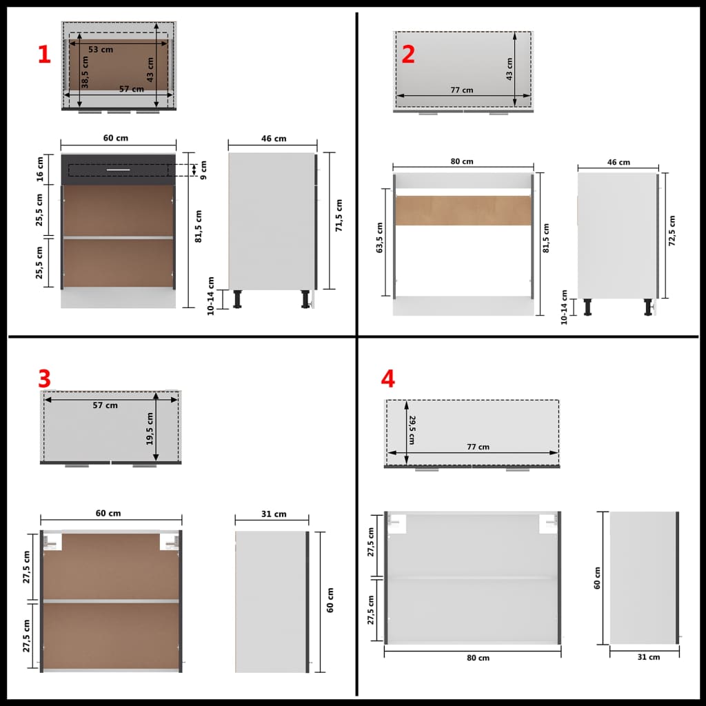 vidaXL 4 Piece Kitchen Cabinet Set High Gloss Grey Engineered Wood ...