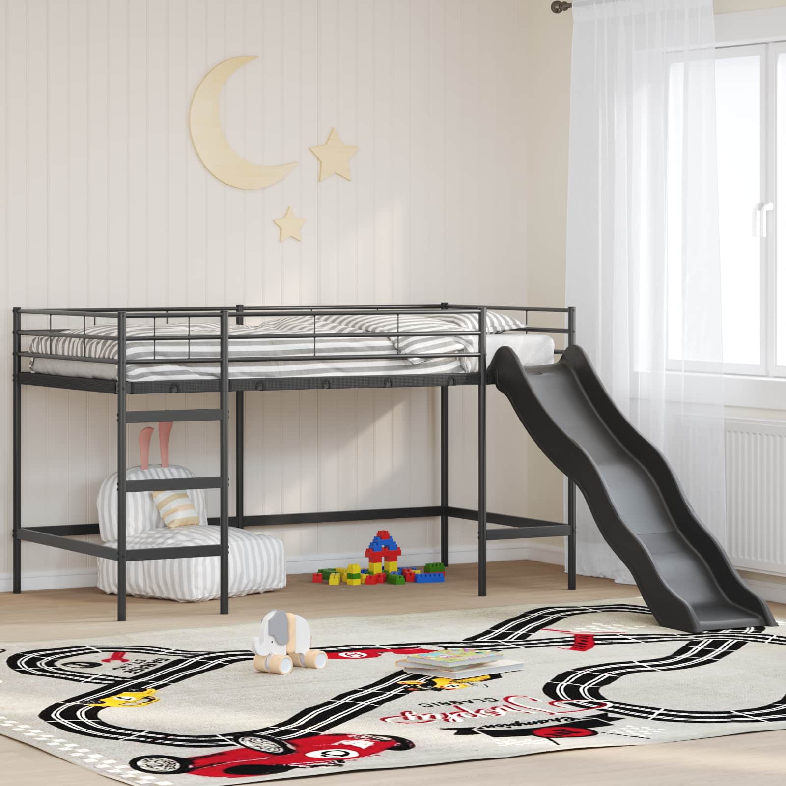 vidaXL Kids'Loft Bed Frame with Slide Plain Black and Anthracite ...