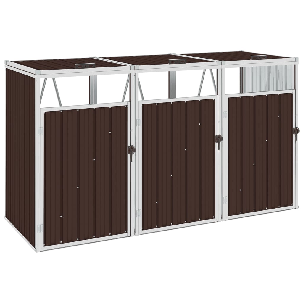 vidaXL Triple Garbage Bin Shed Brown 213x81x121 cm Steel | vidaXL.co.uk