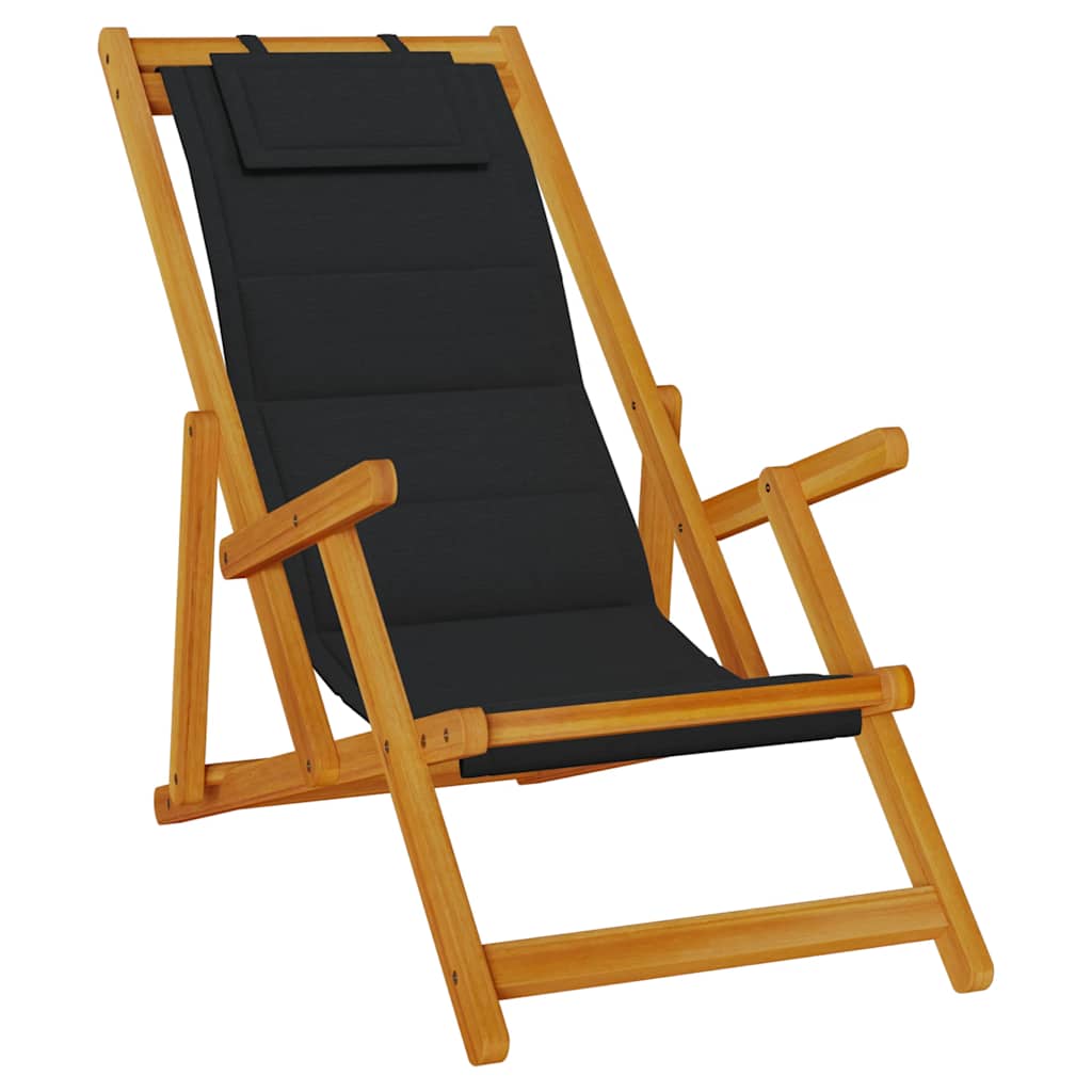 vidaXL Folding Beach Chair with Armrests Black Acacia Wood & Textilene ...